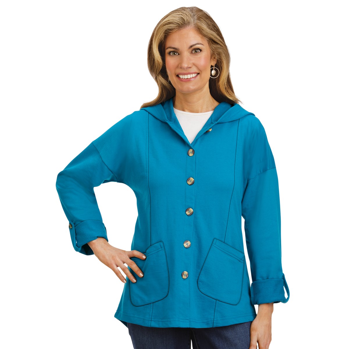 Hooded Roll-Tab Sleeve Button Closure Jacket | Collections Etc.