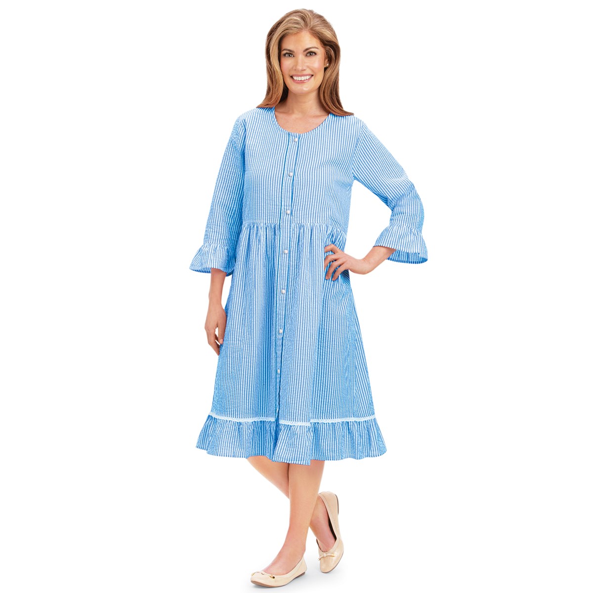 Comfortable 3/4 Sleeve Seersucker Full Button Front Robe | Collections Etc.