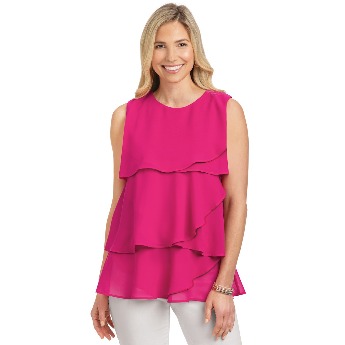 Flattering Ruffle Front Scoop Neck Sleeveless Tiered Top | Collections Etc.
