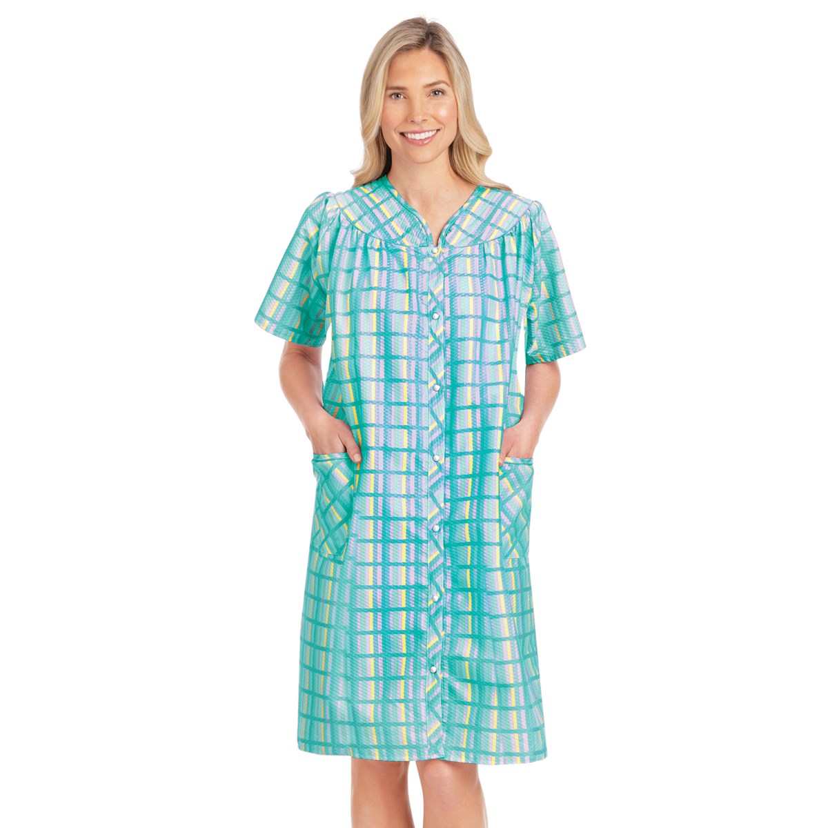 Comfortable Plaid Snap Front Short Sleeve Robe | Collections Etc.