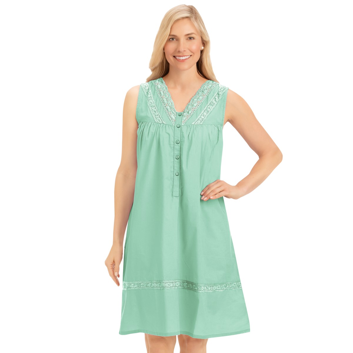 Comfortable Crochet Lace Trimmed Sleeveless Nightgown | Collections Etc.