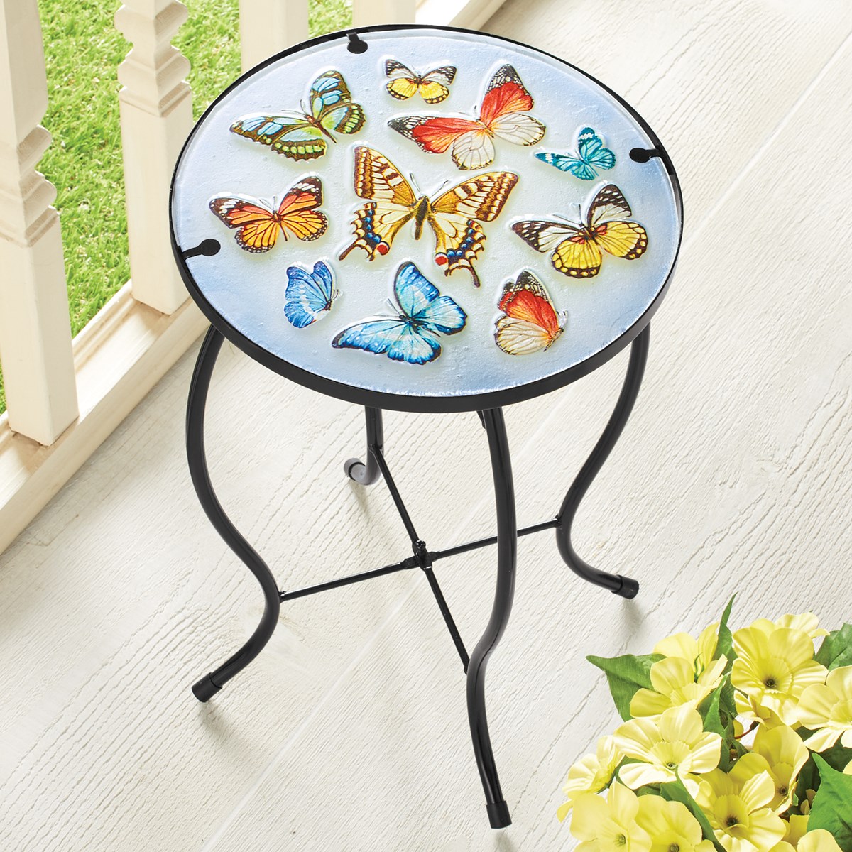 Colorful Butterflies Glass Top Indoor/Outdoor Accent Table ...