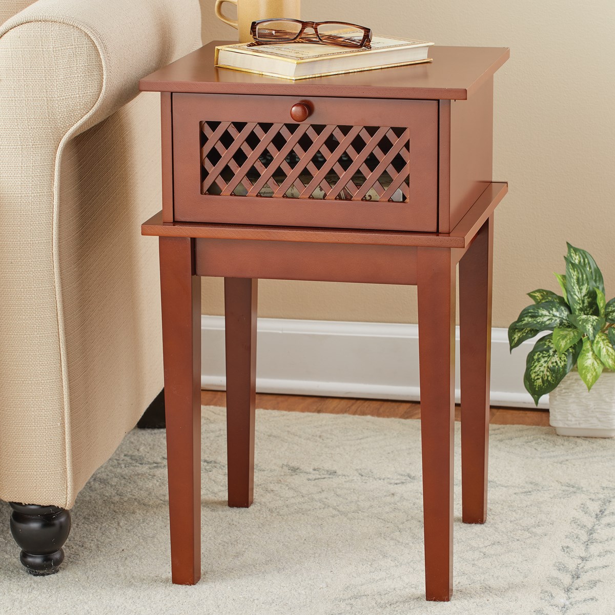 Elegant Wooden Lattice Side Table with Drawer | Collections Etc.