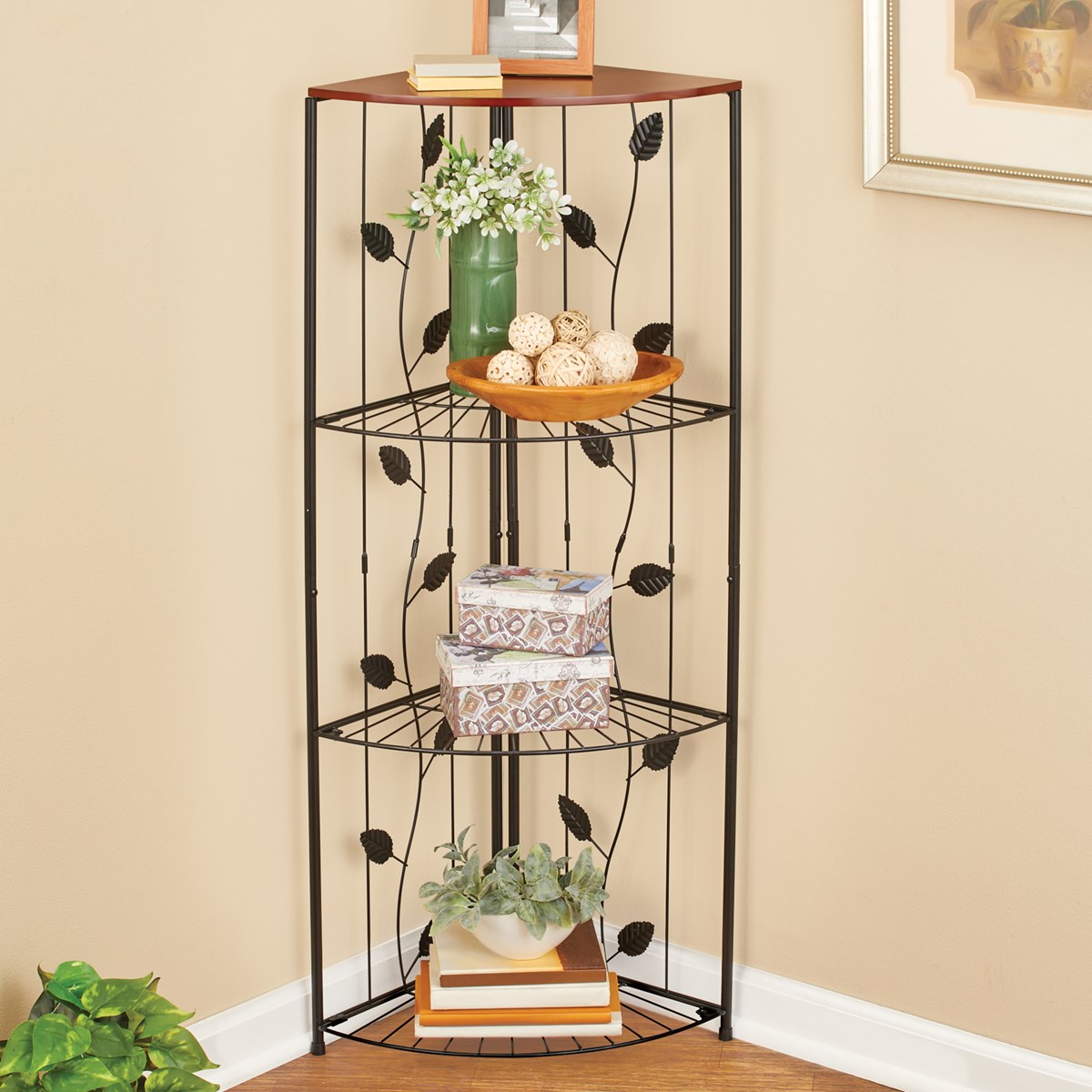Versatile 4-Tier Metal Leaf Design Corner Shelf | Collections Etc.