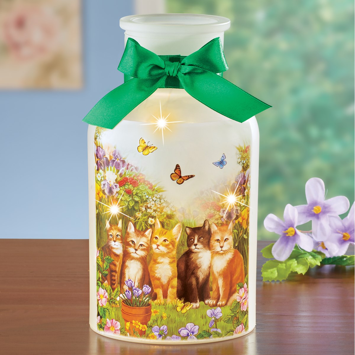 Unique Cat Garden Frosted Glass LED Lighted Lamp | Collections Etc.