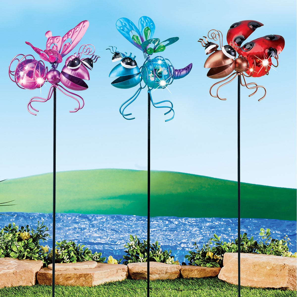Colorful Solar Powered Bug Garden Stakes - Set of 3 | Collections Etc.