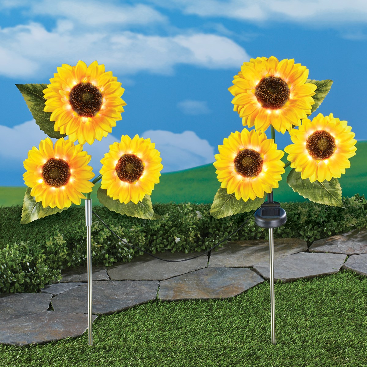 Solar Powered Sunflower Outdoor Garden Stakes - Set of 2 | Collections Etc.