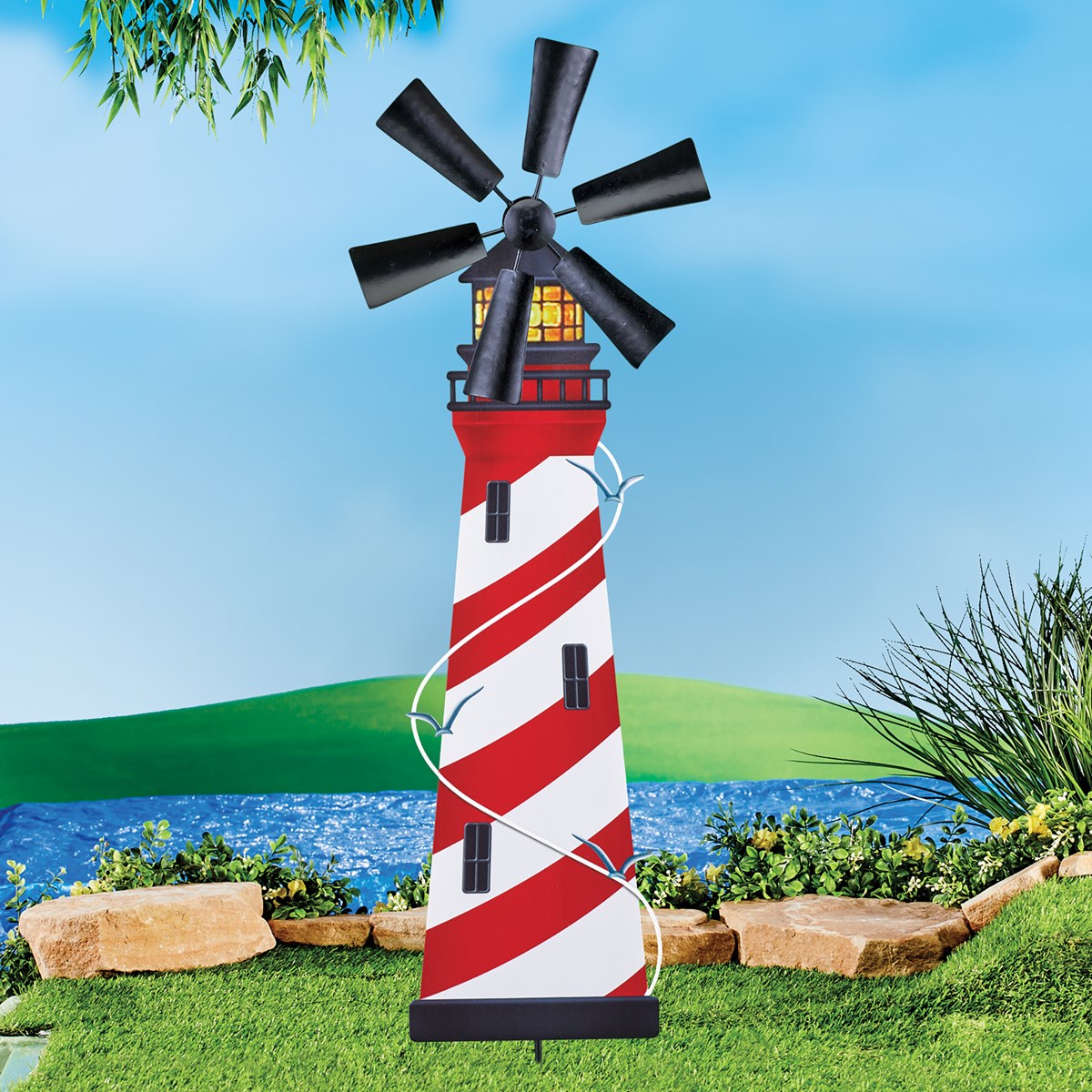 Nautical Lighthouse Outdoor Wind Spinner Garden Stake | Collections Etc.