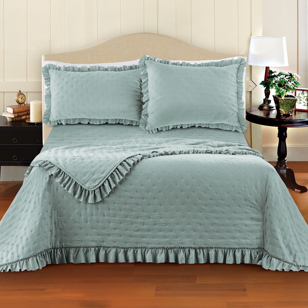 Textured Design Ruffled Border Solid Color Quilt | Collections Etc.