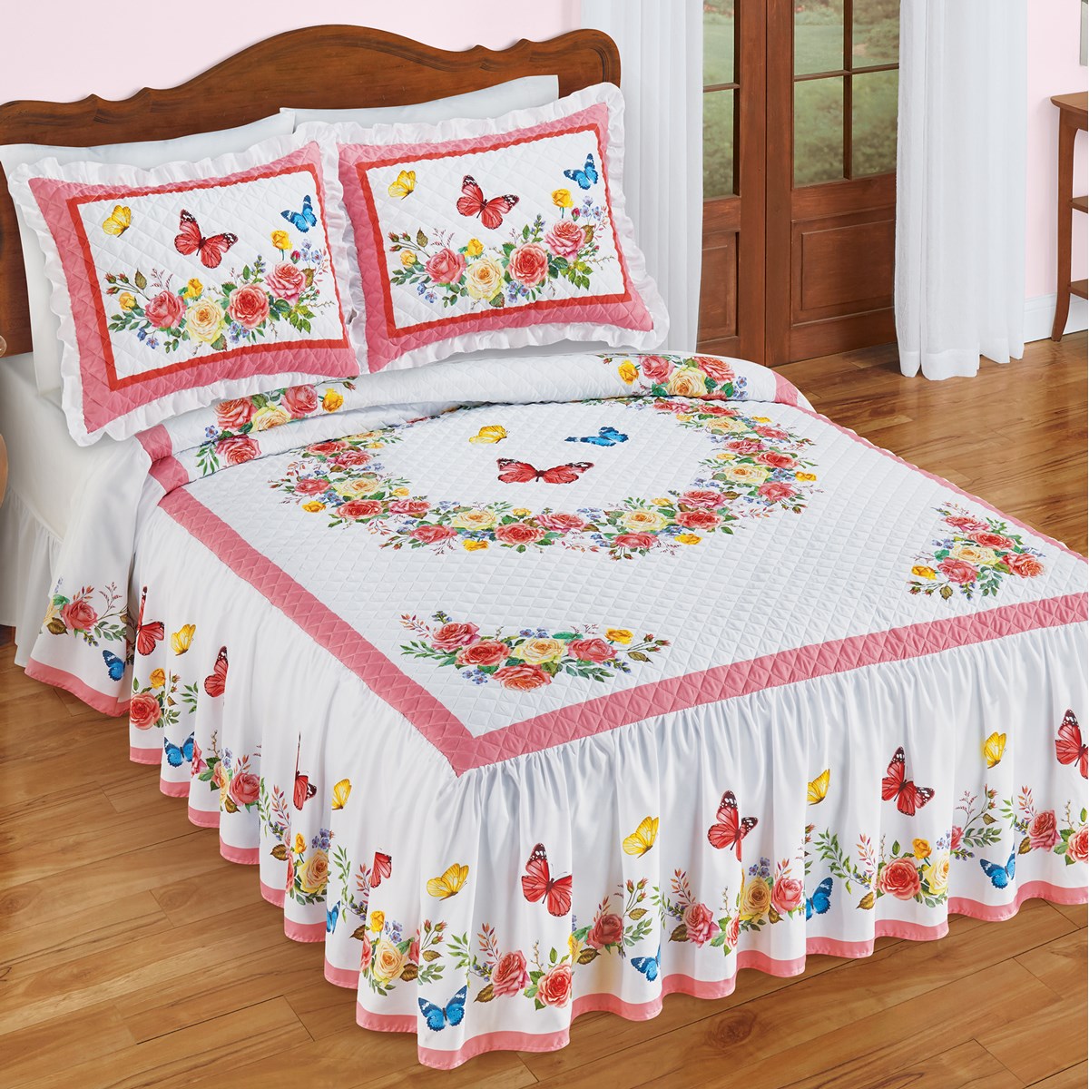 Beautiful Pink Floral Butterfly Wreath Ruffled Bedspread | Collections Etc.