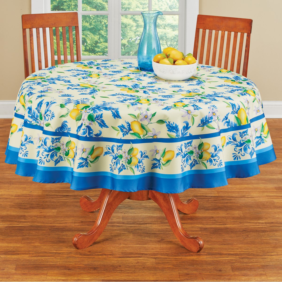 Lemon Floral Blue Border Printed Tablecloth | Collections Etc.