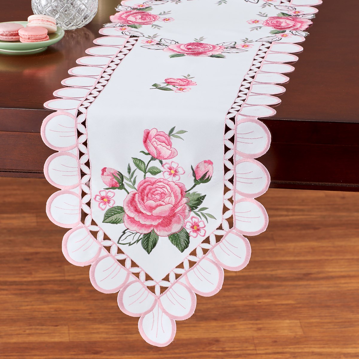 Embroidered Vintage Rose Scalloped Edge Table Linens | Collections Etc.