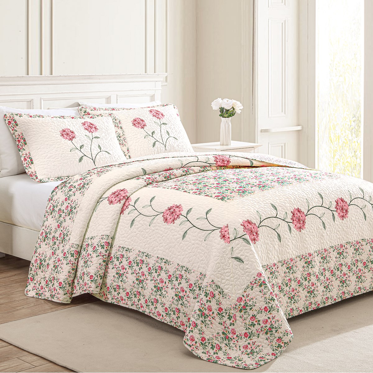 Embroidered Carnation Design Quilted Bedspread | Collections Etc.