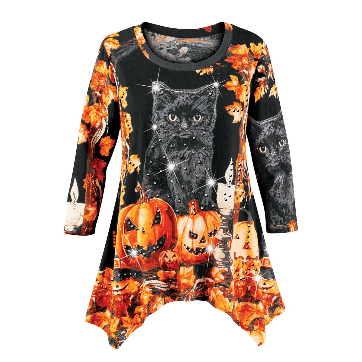 Black Cat Magic Sequin Detailed 3/4 Length Sleeve Sharkbite Tunic ...