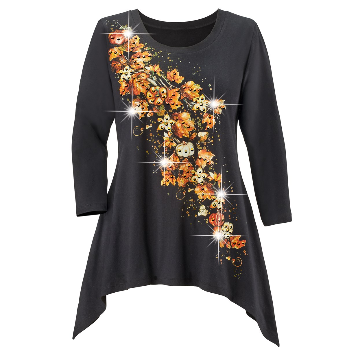 Cascading Harvest Sequin Details 3/4 Length Sleeves Sharkbite Tunic ...