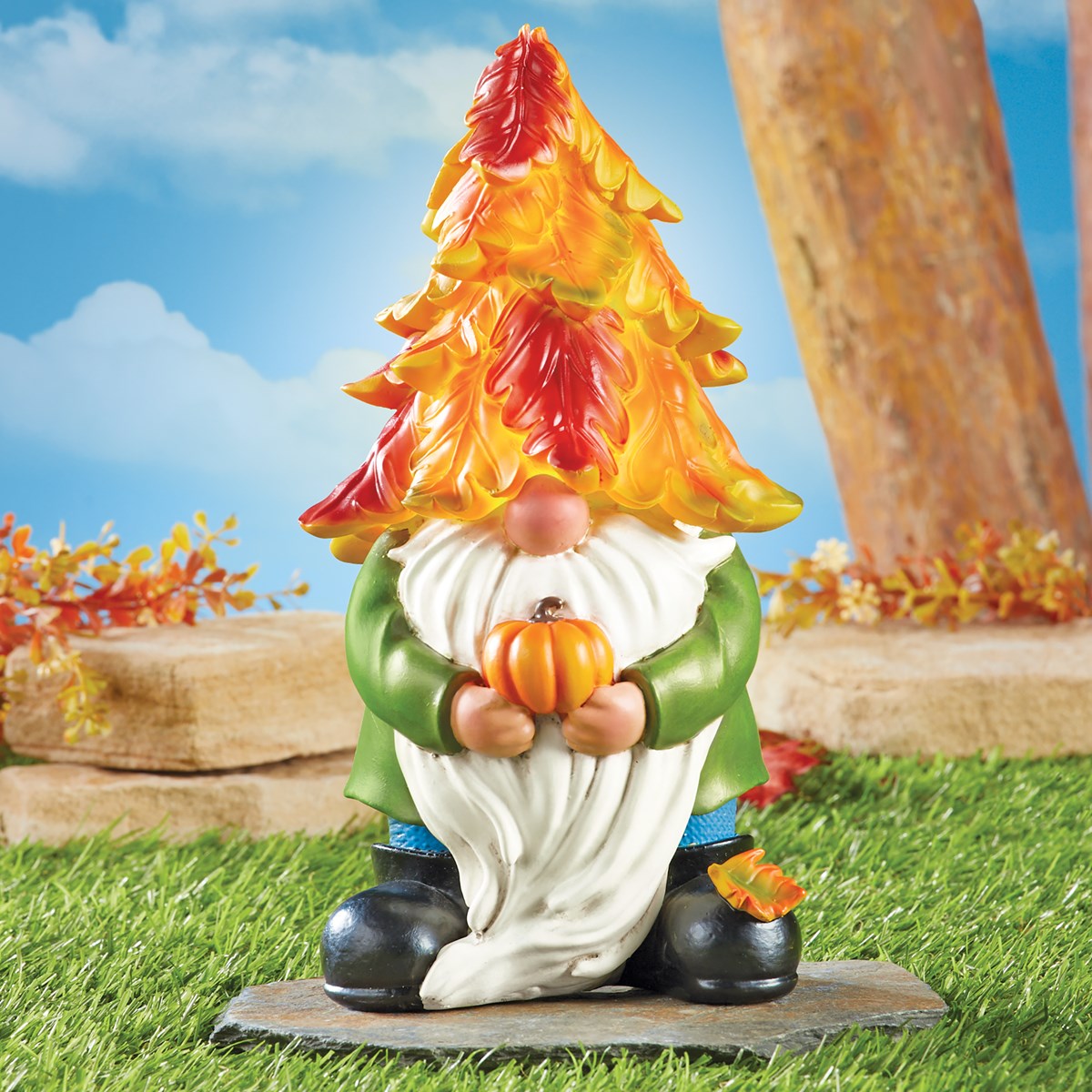Solar Powered Fall Gnome with Pumpkin Garden Statue | Collections Etc.