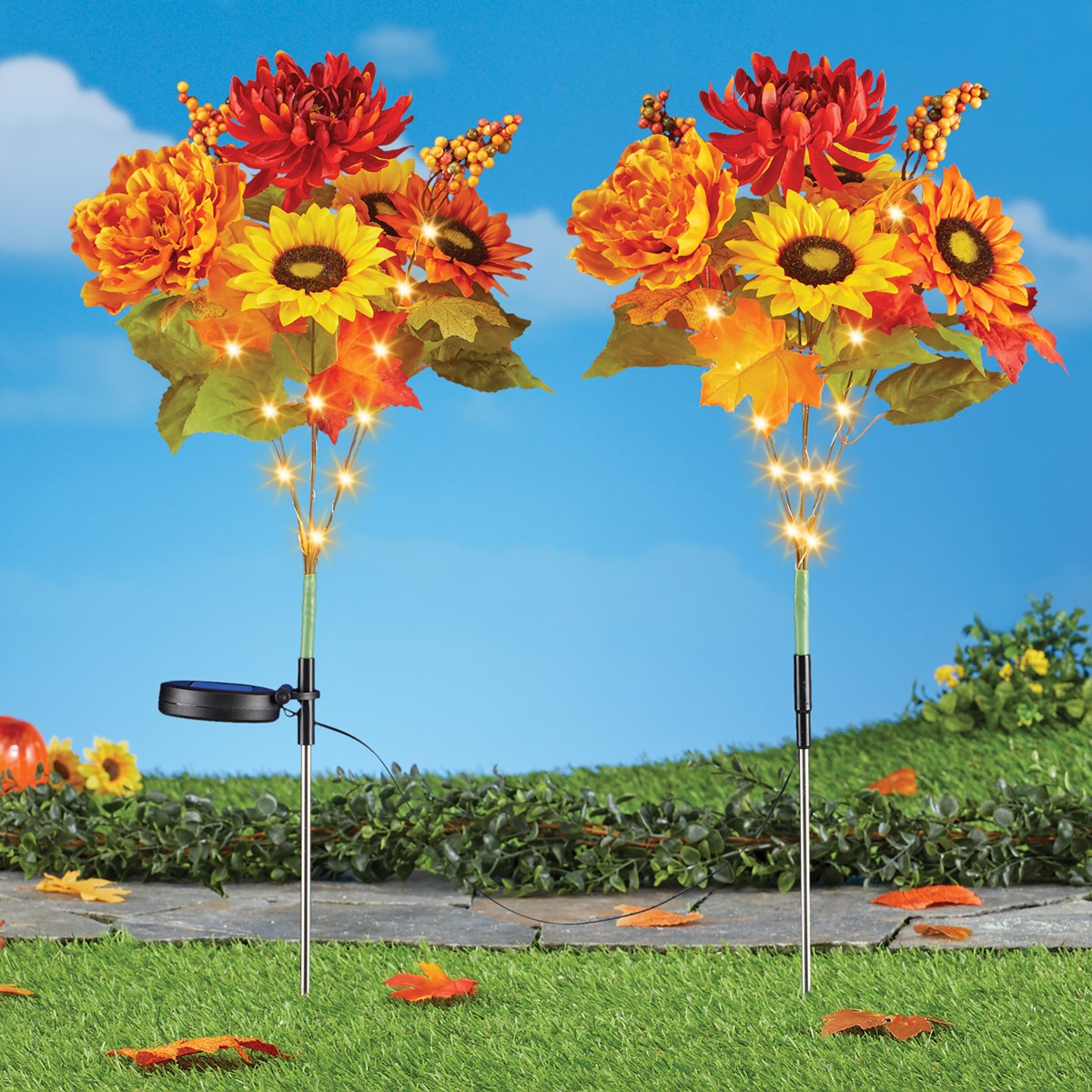Solar Powered Fall Flowers Garden Stakes - Set of 2 | Collections Etc.