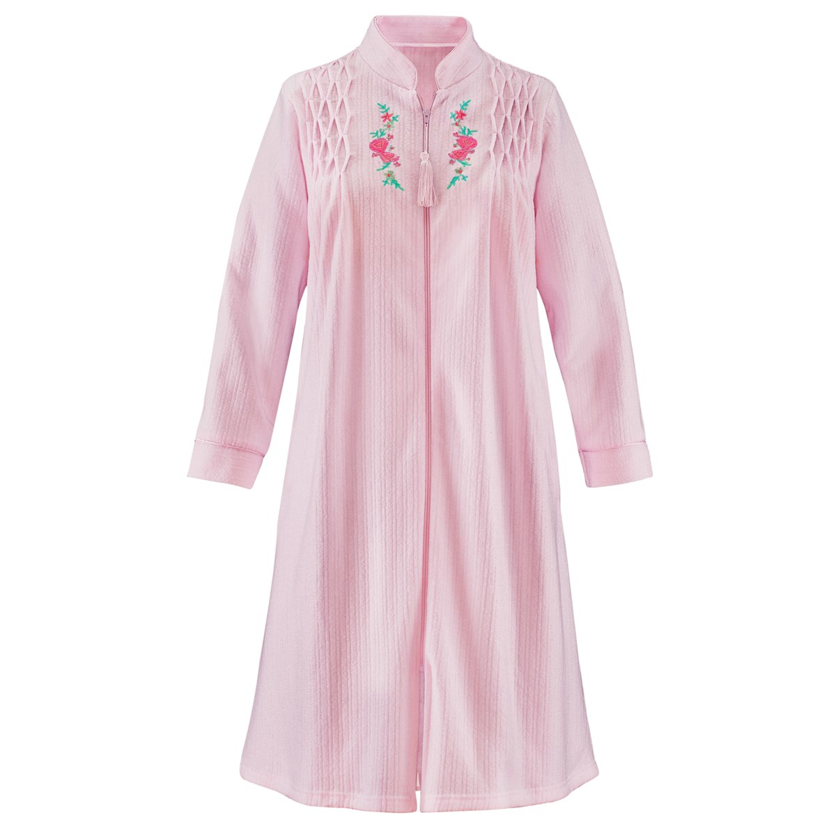 Smocked Embroidered Floral Zip-Front Long Sleeve Robe | Collections Etc.