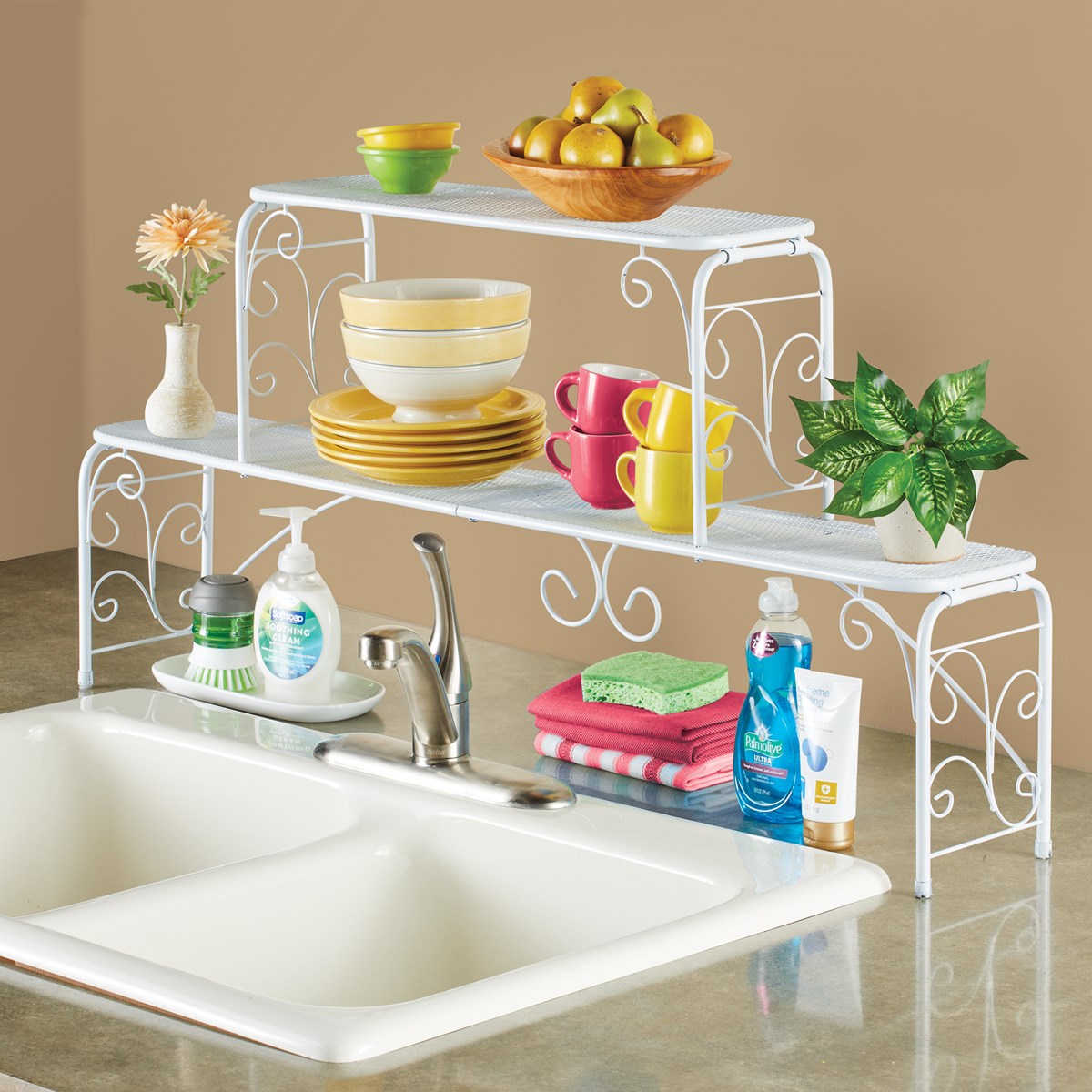 Versatile 2-Tier Over-Sink Scrolling Metal Shelf | Collections Etc.