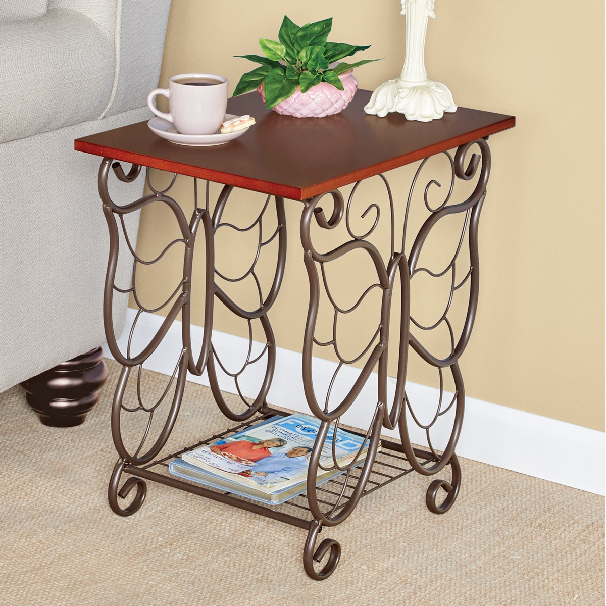 Iron Butterfly and Scrolling Wooden Top Side Table | Collections Etc.