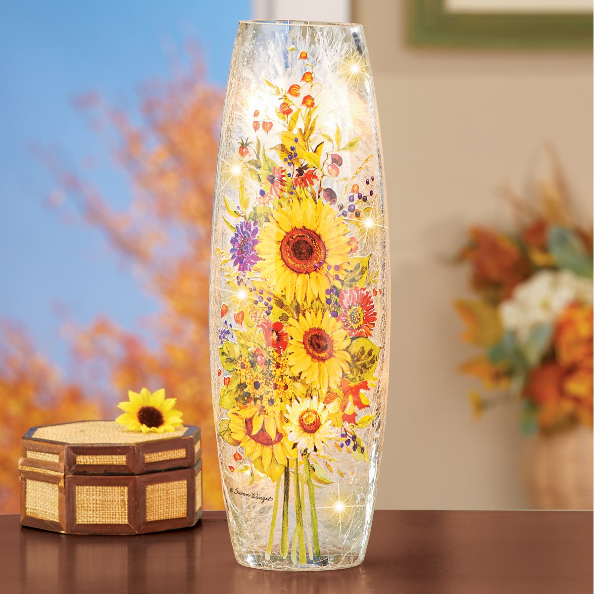 Led Lighted Sunflower Crackled Glass Hurricane Lamp Collections Etc