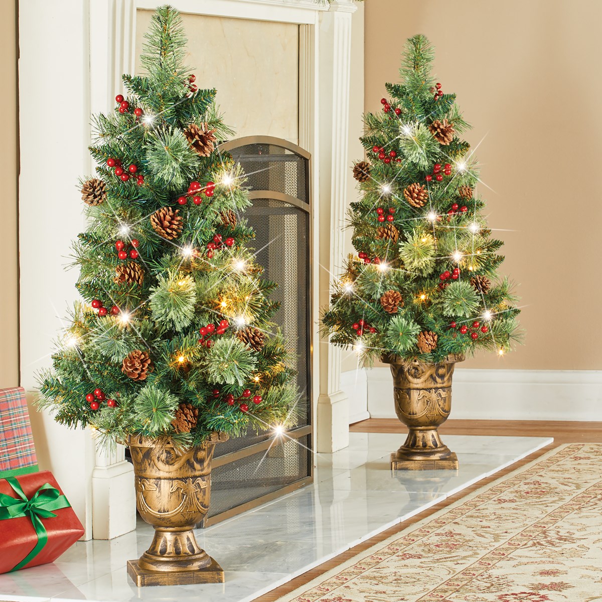 36-inch LED Lighted Artificial Evergreen Tree with Gold-Tone Planter ...