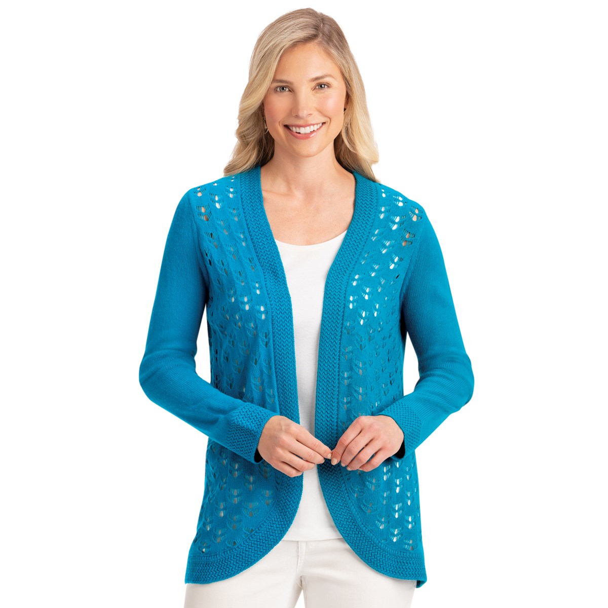 Delicate Pointelle Knit Long Sleeve Shrug Sweater | Collections Etc.