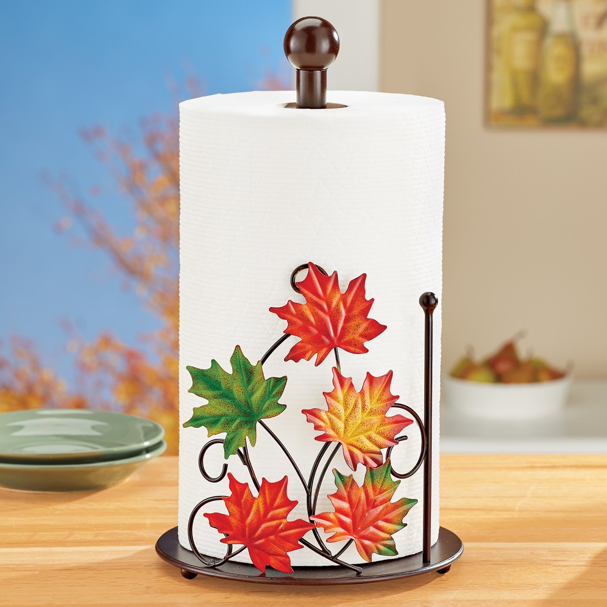 Hand-Painted Colorful Fall Leaves Paper Towel Holder | Collections Etc.