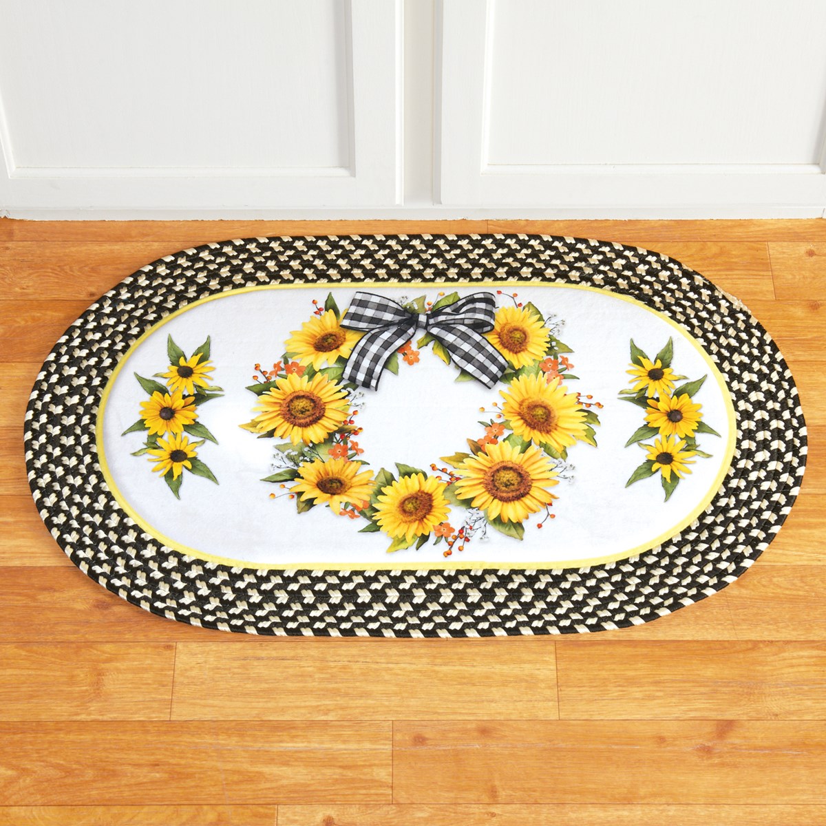 Sunflower Wreath Gingham Border Farmhouse Braided Accent Rug ...