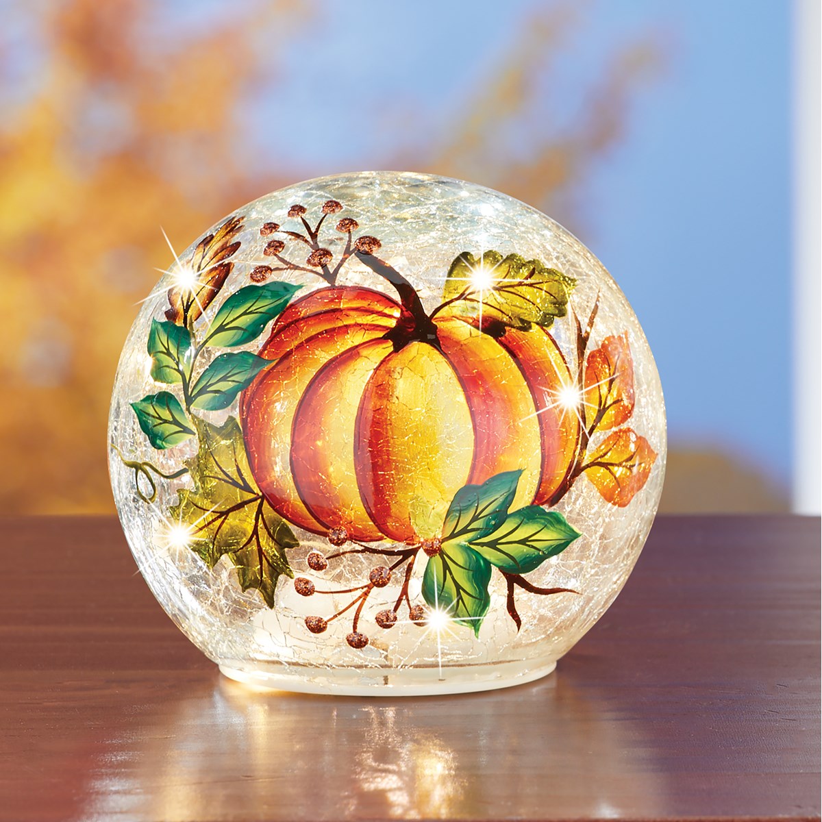 Harvest Pumpkin Autumn Lighted Crackled Glass Ball Collections Etc