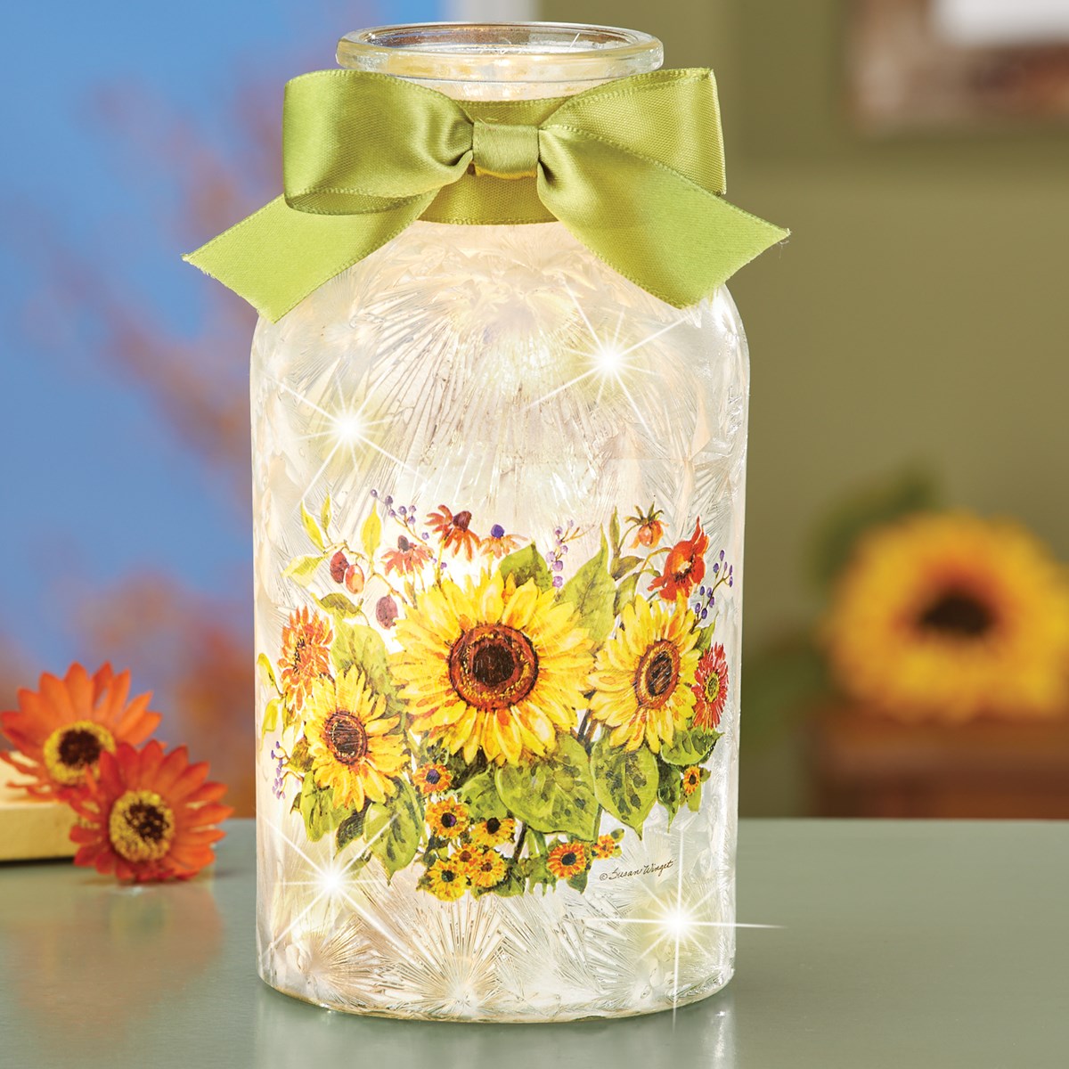 Led Lighted Sunflower Frosted Glass Mason Jar Lamp Collections Etc