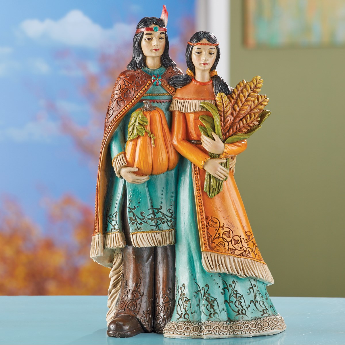 Hand-Painted Native American Couple Thanksgiving Decorative Statue ...