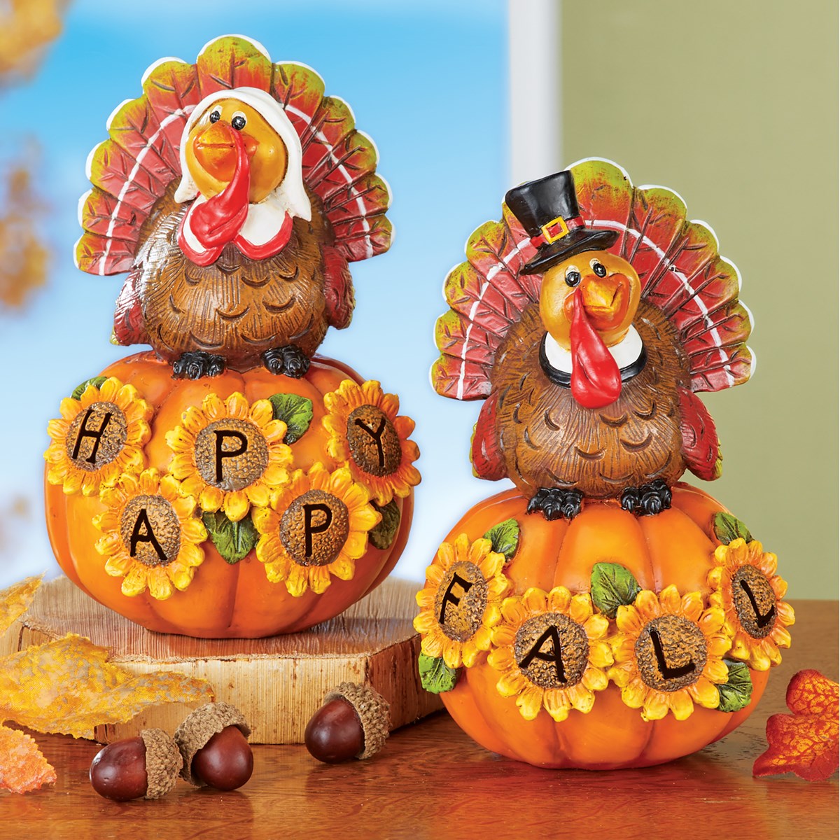 Hand-Painted Happy Fall Festive Turkeys - Set of 2 | Collections Etc.