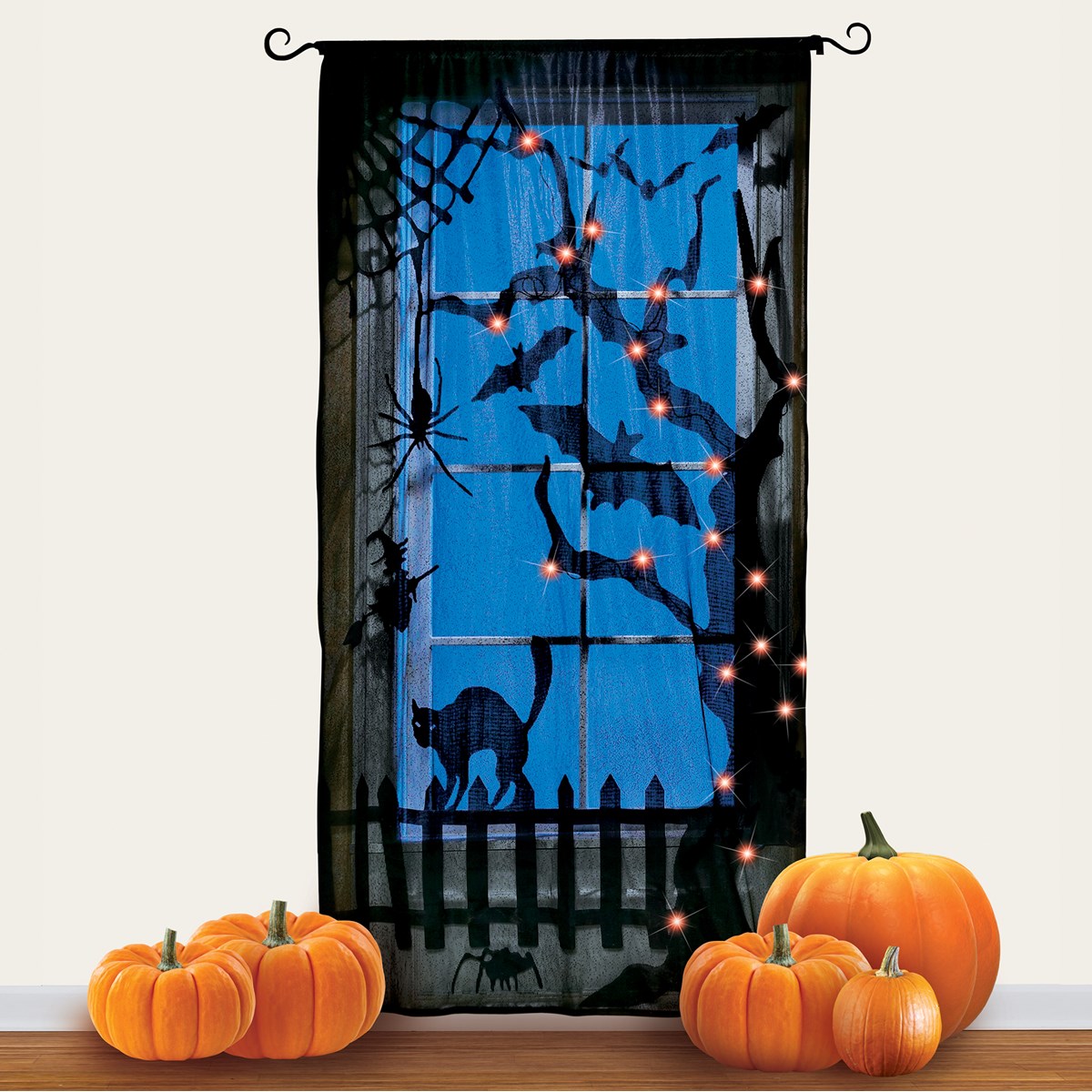 LED Lighted Haunted Lace Halloween Curtain Panel | Collections Etc.