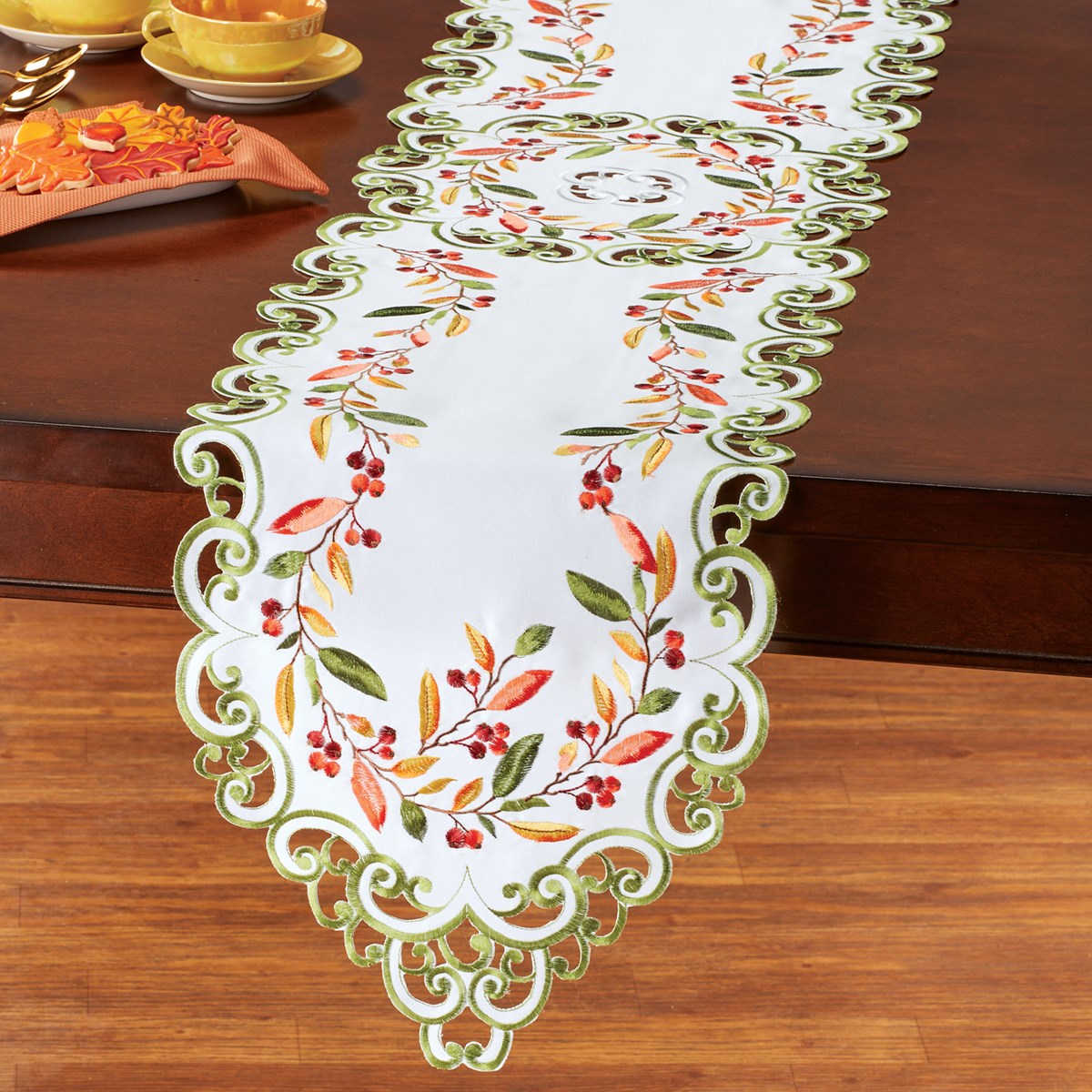 Embroidered Leaf Berries Cut-Out Table Linens | Collections Etc.