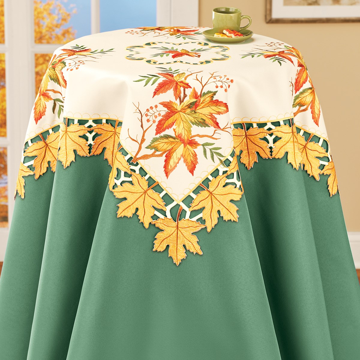Embroidered Maple Leaf Border Table Linens | Collections Etc.