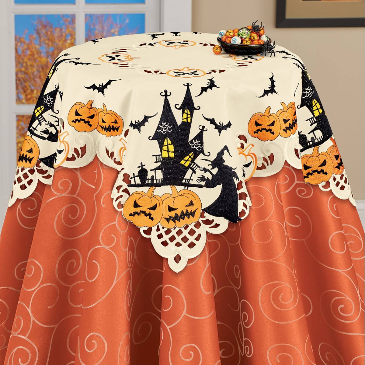 Frightful Night Embroidered Witches and Jack-O'-Lanterns Table Linens ...