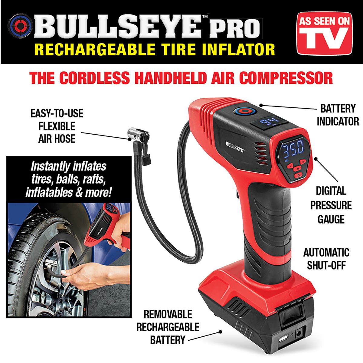 Bullseye Pro Rechargeable Cordless Handheld Tire Inflator | Collections ...