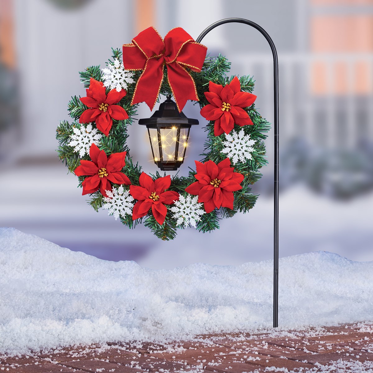 Artificial Poinsettia Wreath with Solar Powered Lantern | Collections Etc.