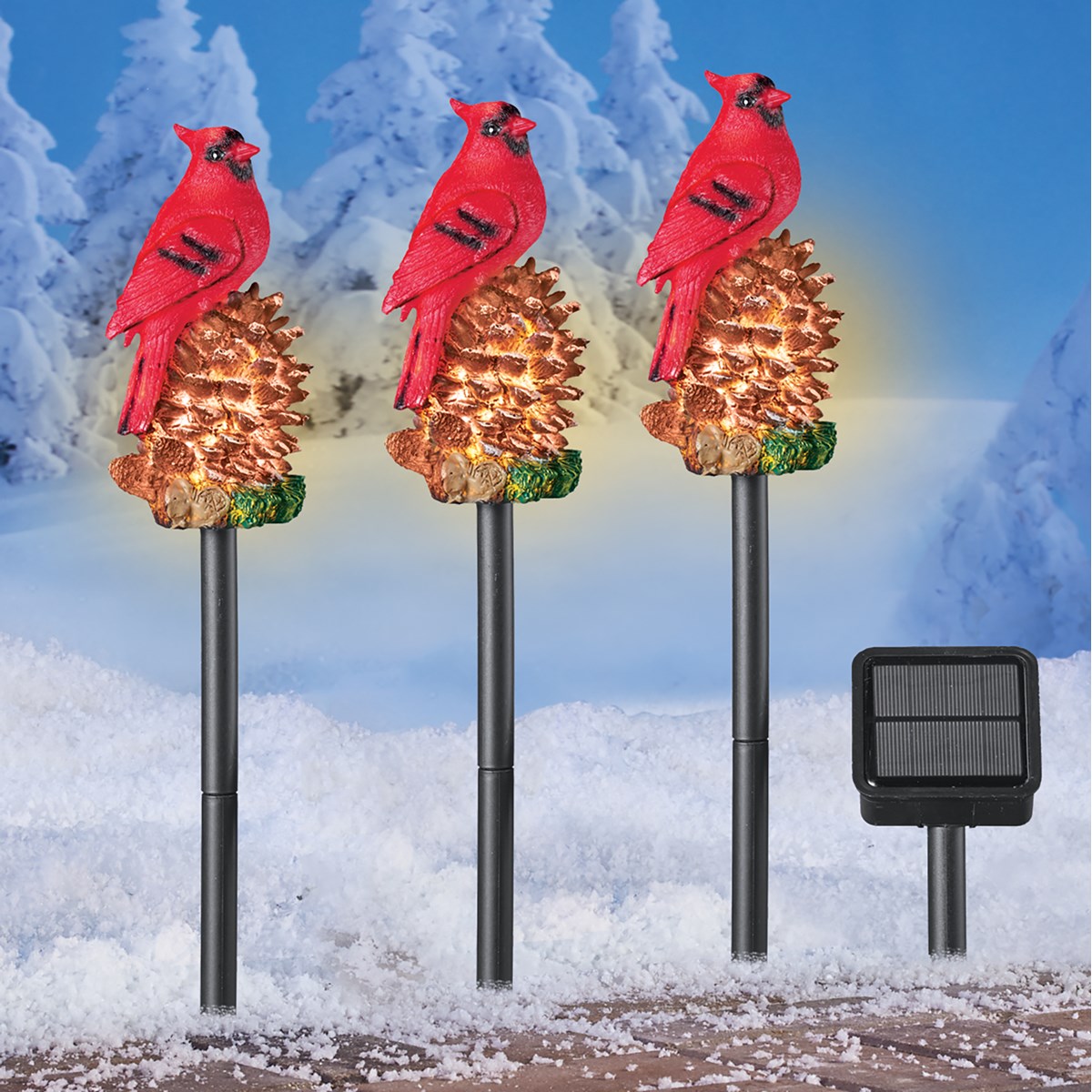 Solar Powered Cardinal on Pinecones Path Stake Lights - Set of 3 ...