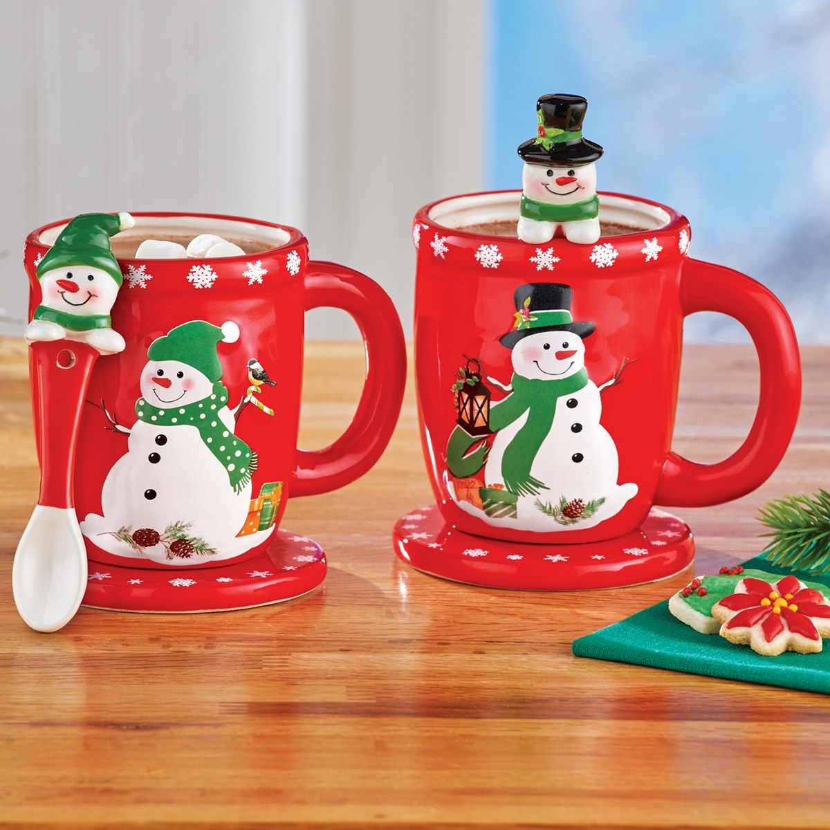 Hand-Painted Snowman Mugs with Spoons - Set of 2 | Collections Etc.