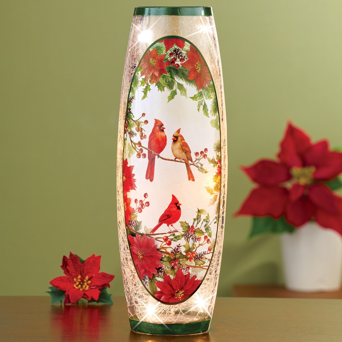 Cardinal And Poinsettia Crackled Glass Hurricane Lamp Collections Etc