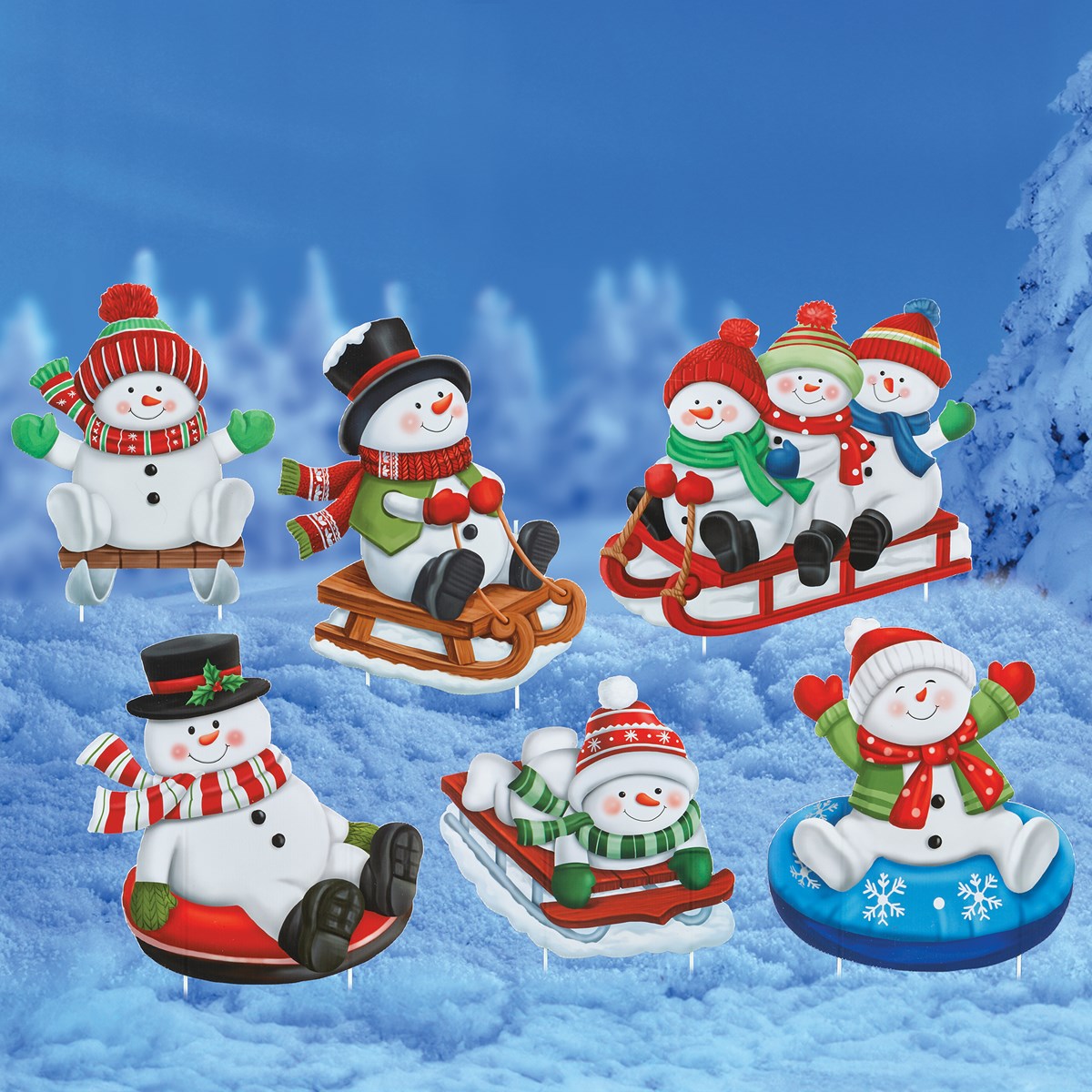 Sledding Snowmen Stake Set 6 | Collections Etc.
