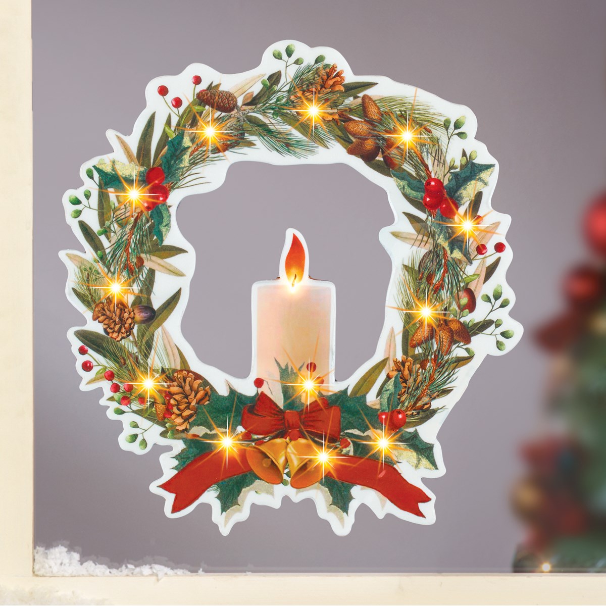 Festive Holiday Lighted Wreath Window Cling | Collections Etc.