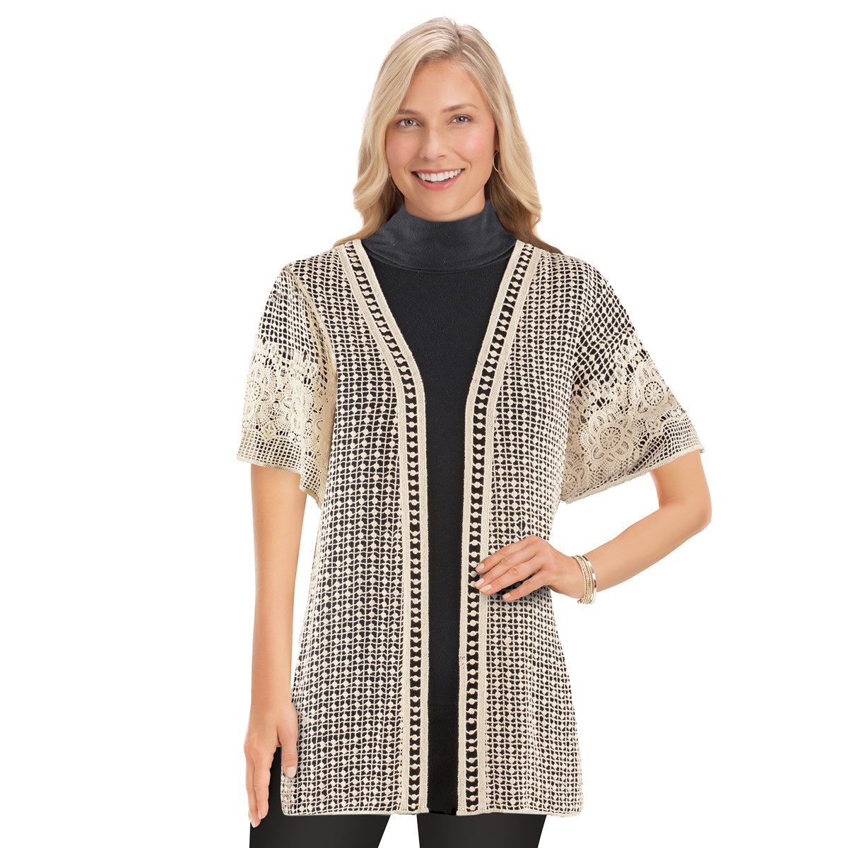 Black Detail Lace Open Front 3/4 Length Sleeve Jacket | Collections Etc.