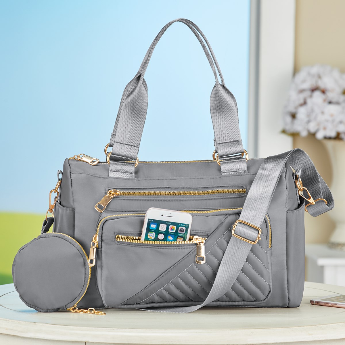 Decorative Stitched Nylon Zippered Handbag with Coin Purse ...