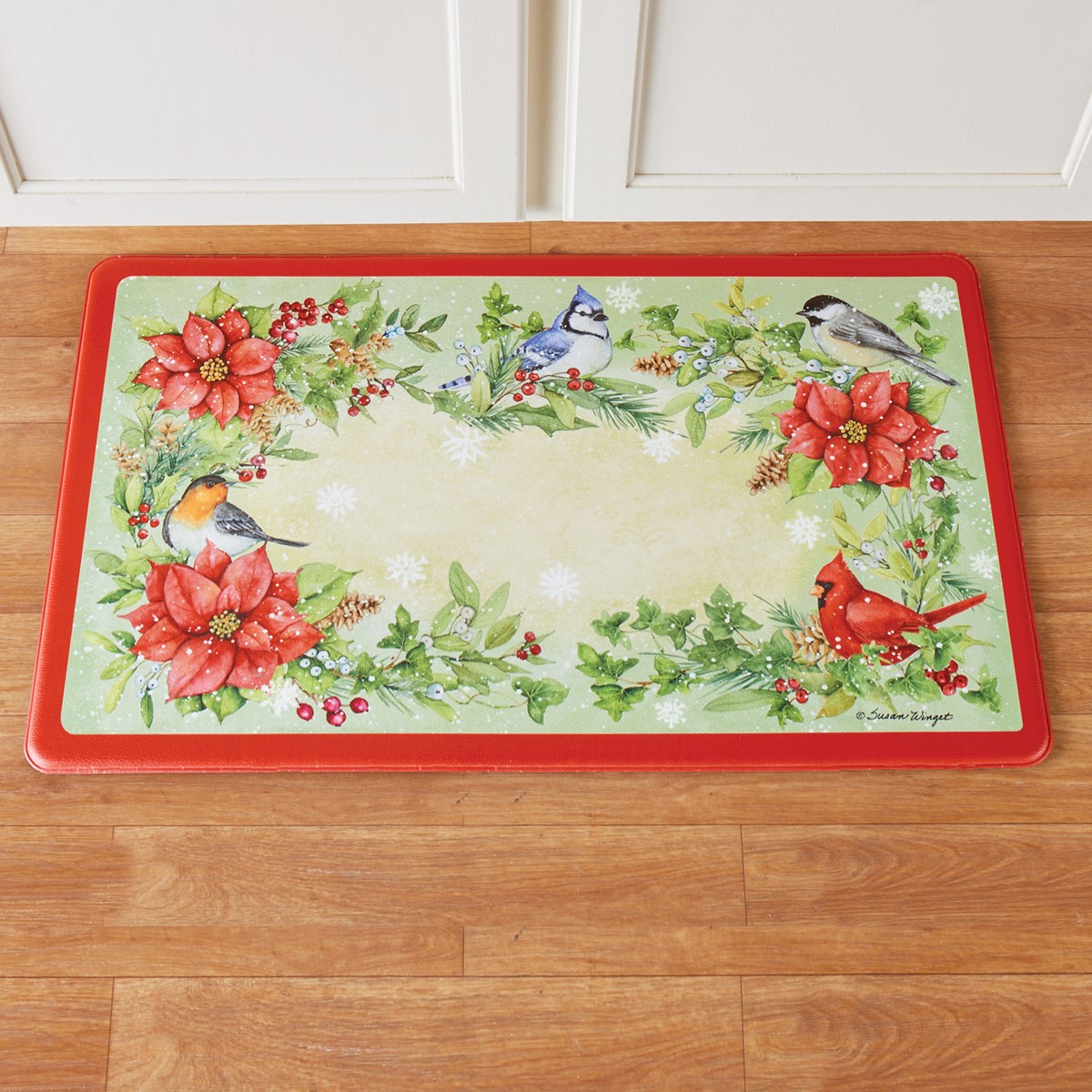 Birds Poinsettia Festive Anti-Fatigue Kitchen Mat | Collections Etc.