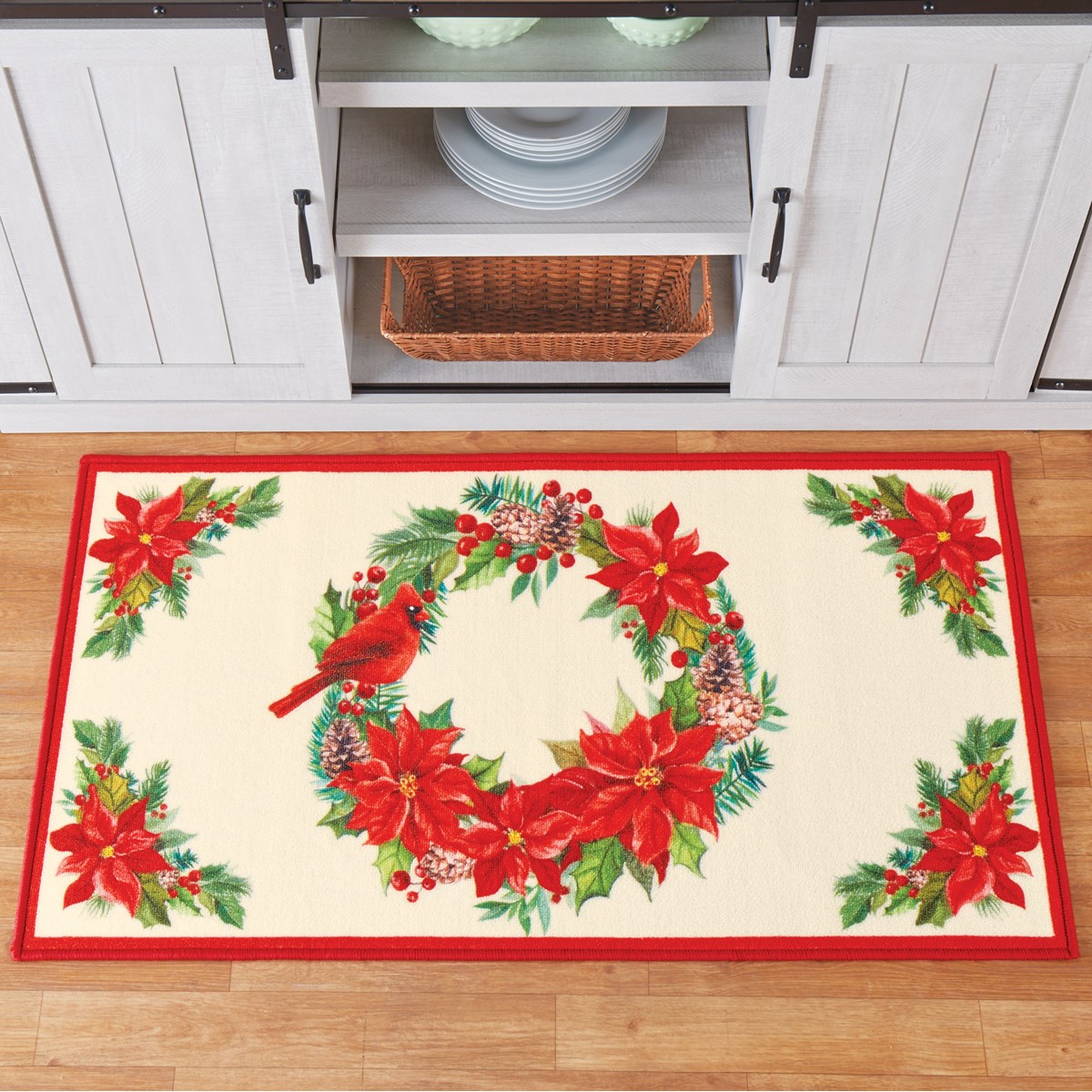 Festive Poinsettia Cardinal Wreath Skid-Resistant Accent Rug ...