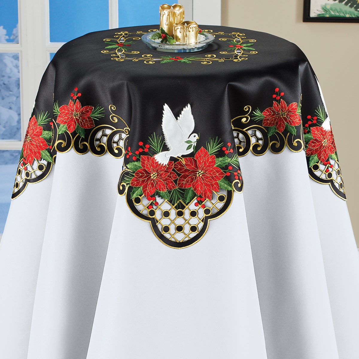 Holiday Poinsettia Dove Cut-Out Table Linens | Collections Etc.
