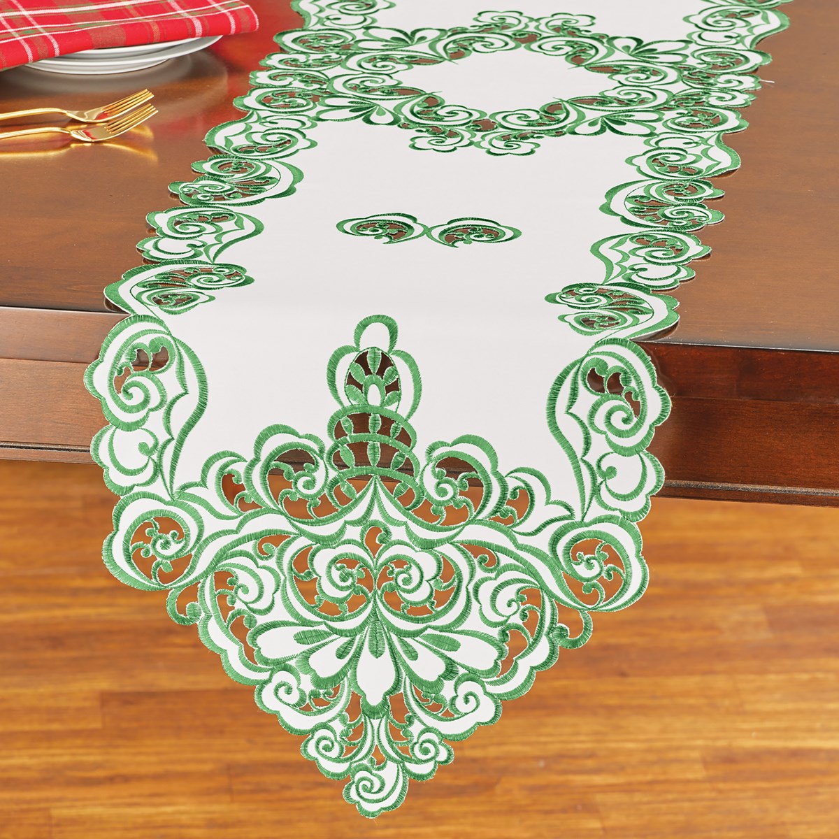 Embroidered Dainty Scroll Cut-Out Holiday Table Linens | Collections Etc.